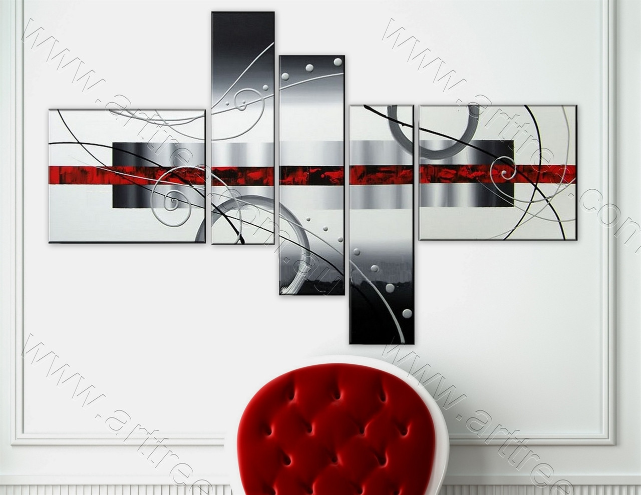Grey Semicircle with Red Line Canvas Artwork 5 Piece Abstract Painting ...