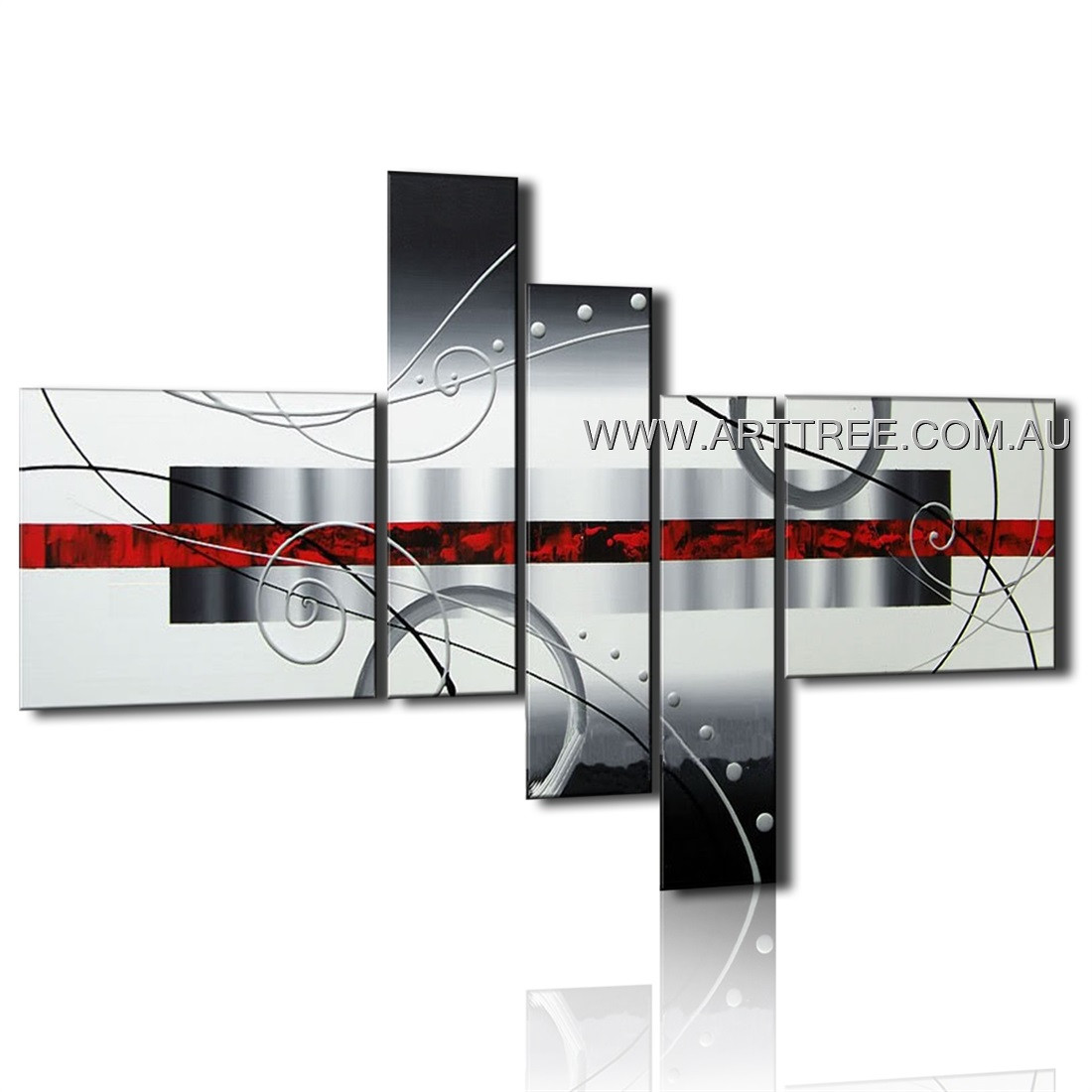 Grey Semicircle with Red Line Canvas Artwork 5 Piece Abstract Painting ...