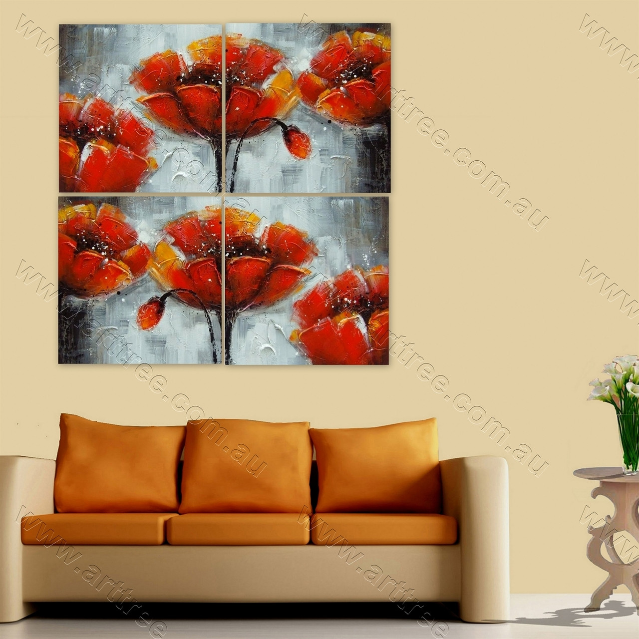 Orange-Yellow Mallow Floral Multicolor Shade 4 Piece Paintings ...