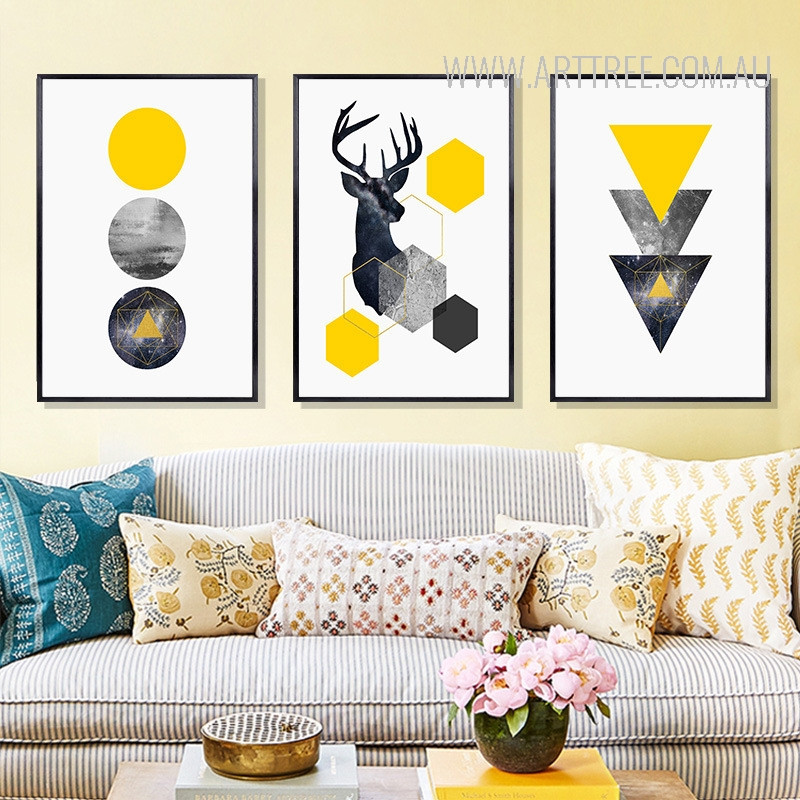 Geometric Triangles Deer 3 Piece Framed Canvas Wall Art Prints ...