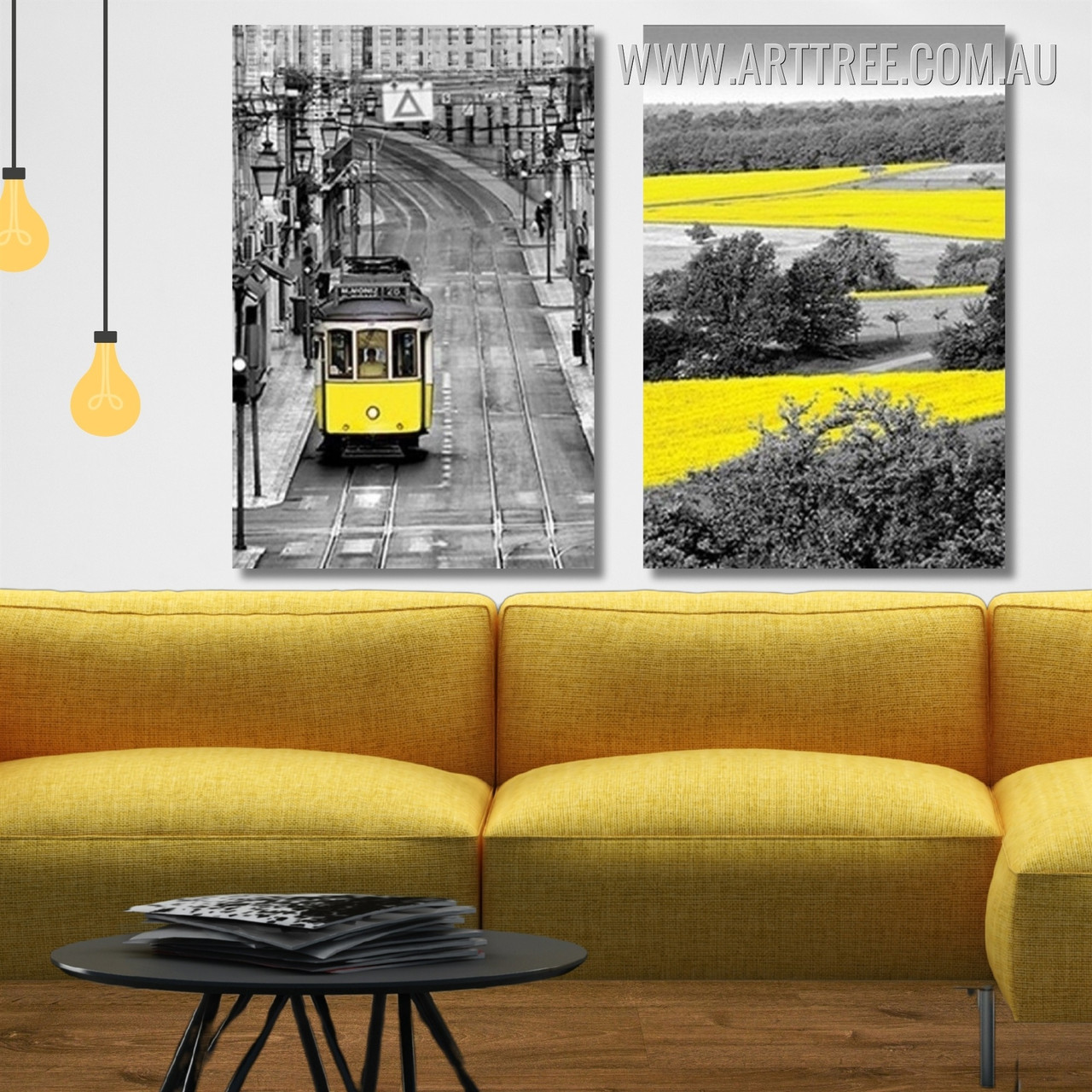 Yellow Tram Landscape Framed 2 Piece Large Wall Art - arttree.com.au