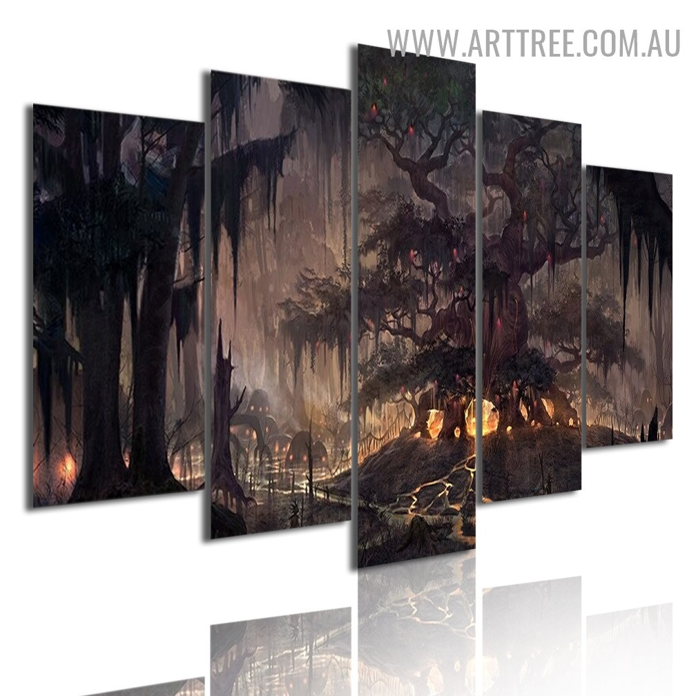 Dark Tree Paintings Golden Grass Trees With Birds In Dark Background