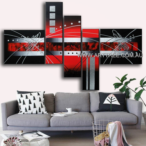 Dark Grey Red Rectangle Canvas Artwork 5 Piece Abstract Painting ...