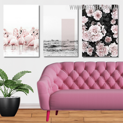 Flamingo Azalea Flowers 3 Piece Framed Wall Art Prints Set - arttree.com.au