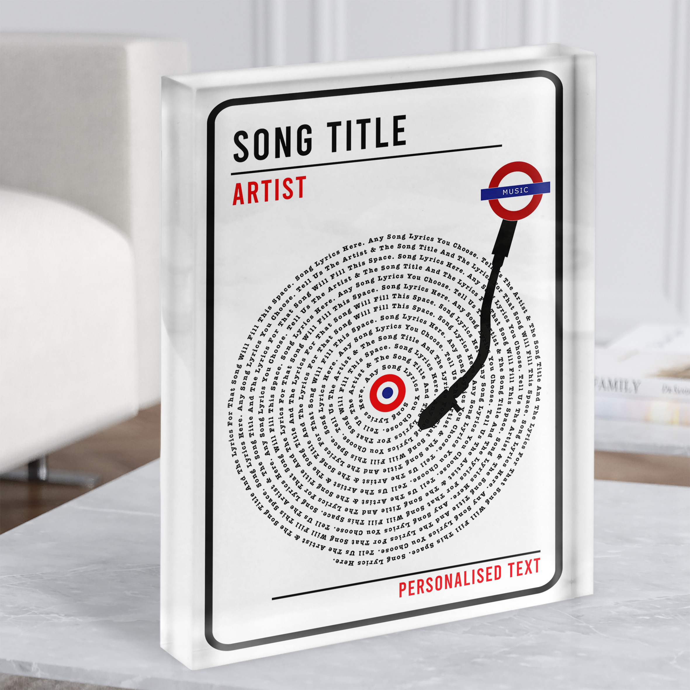 Vinyl Record Any Song Lyric Acrylic Block - SongLyricPrints.co.uk