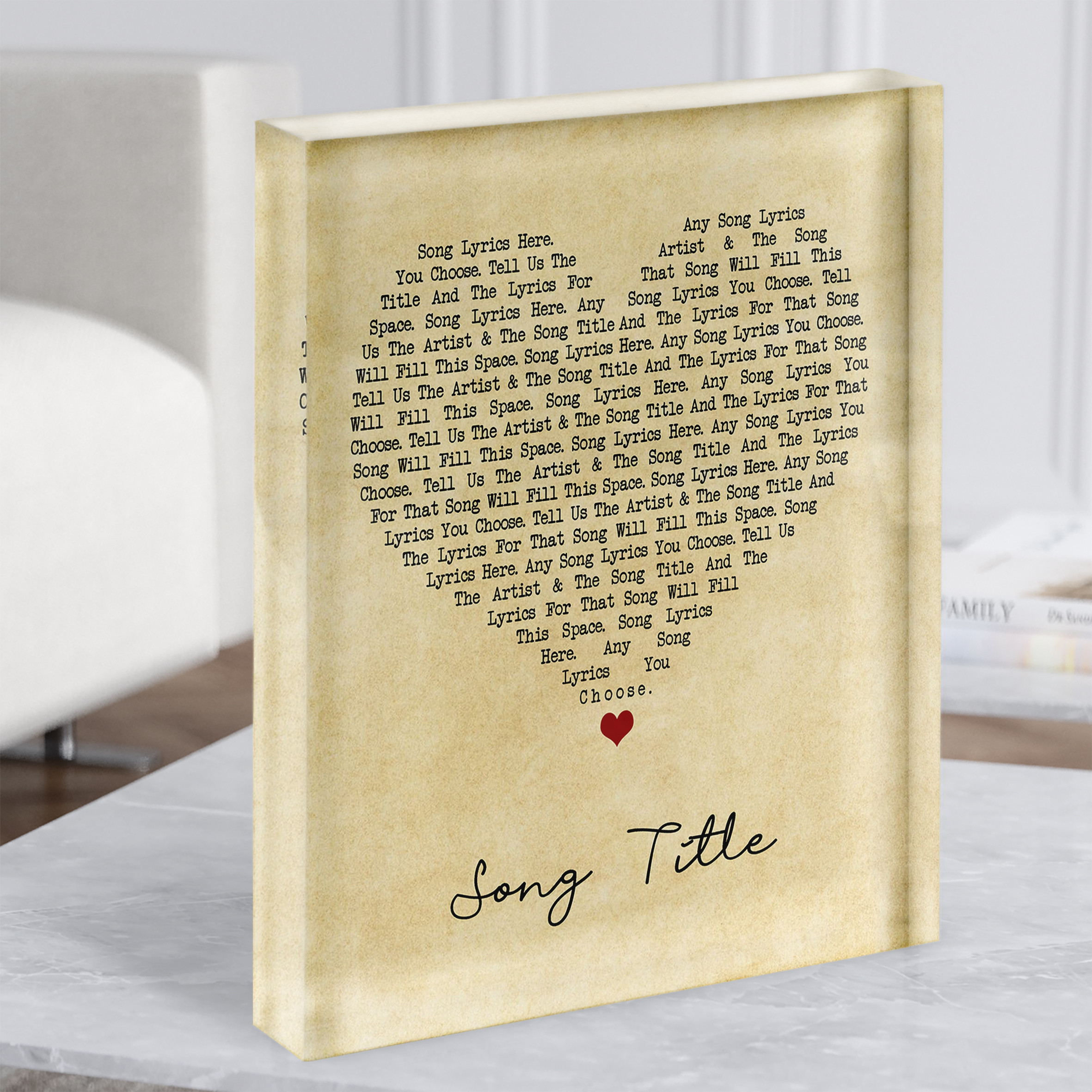 Vintage Heart Any Song Lyric Acrylic Block - Song Lyric Prints