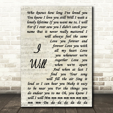 The Beatles I Will Song Lyric Vintage Script Quote Print - Song Lyric ...