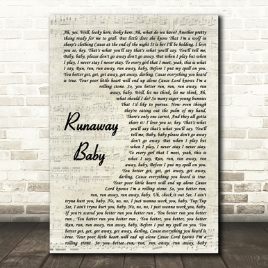 Bruno Mars Runaway Baby Vintage Script Song Lyric Music Art Print ...