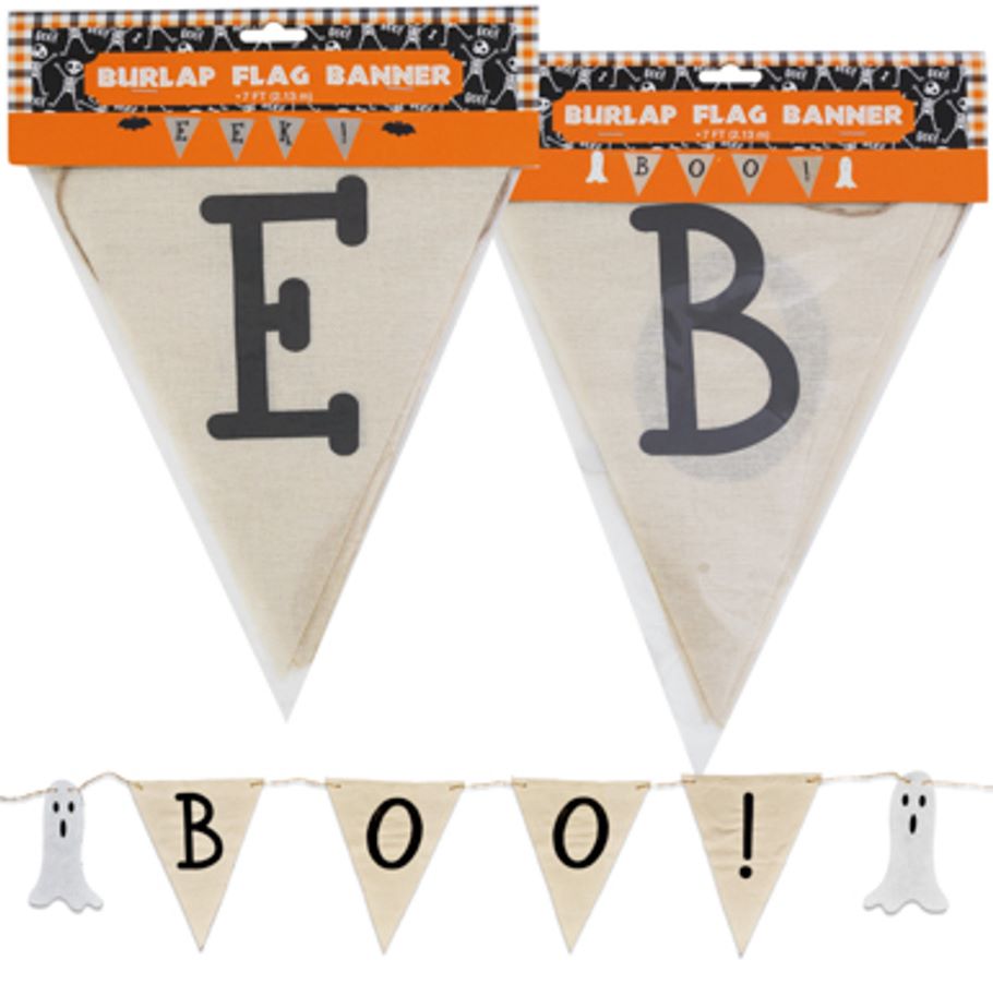 BANNER HALLOWEEN FLAG BURLAP 7FT 2AST PHRASES BOO!/EEK! FLAG ...