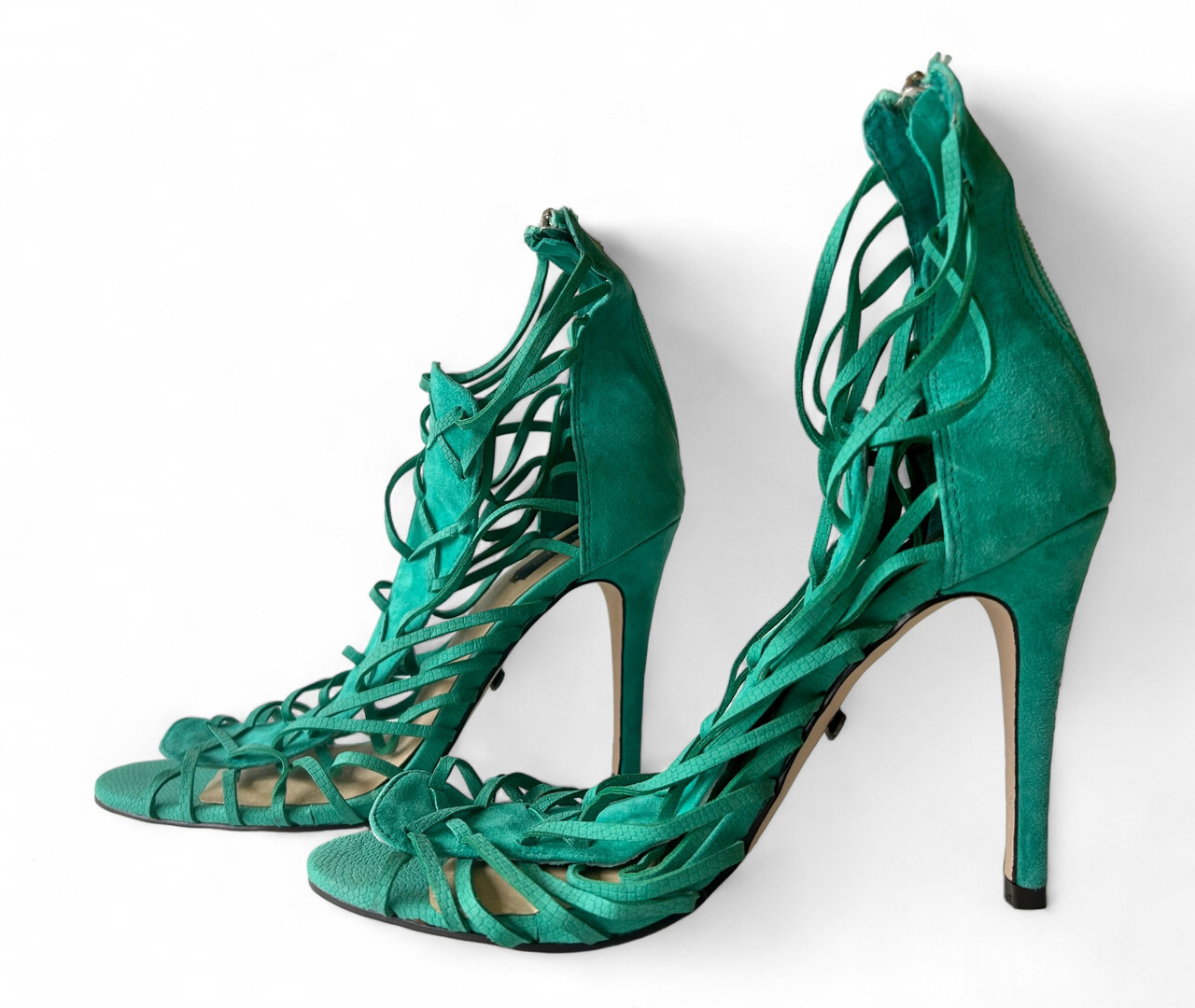 SKIN FOOTWEAR green 100% leather cage high heels sandals shoes size 40/ ...