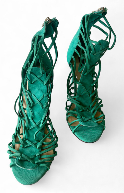 SKIN FOOTWEAR green 100% leather cage high heels sandals shoes size 40/ ...