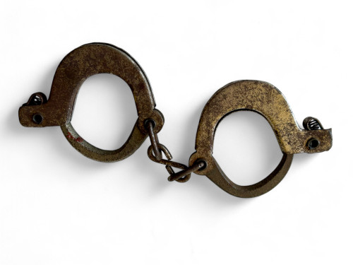 Vintage steel handcuffs spring release keyless childrens toy 1950's JAPAN