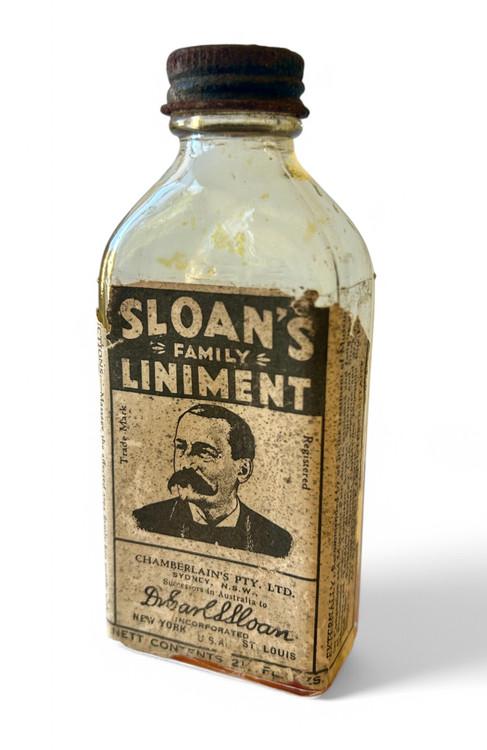 Vintage SLOAN'S FAMILY LINIMENT bottle apothecary label 1930's AUSTRALIA