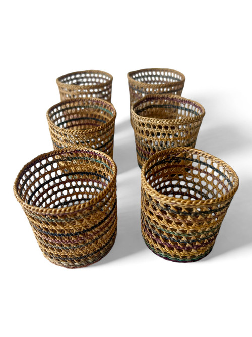 Vintage wicker rattan woven basket drink glass cup holders set X6 1970 ...
