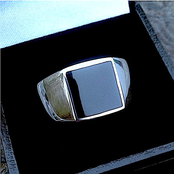 Gents Square Whitby Jet Sterling Silver Signet Ring 050JR - Aurora Jet