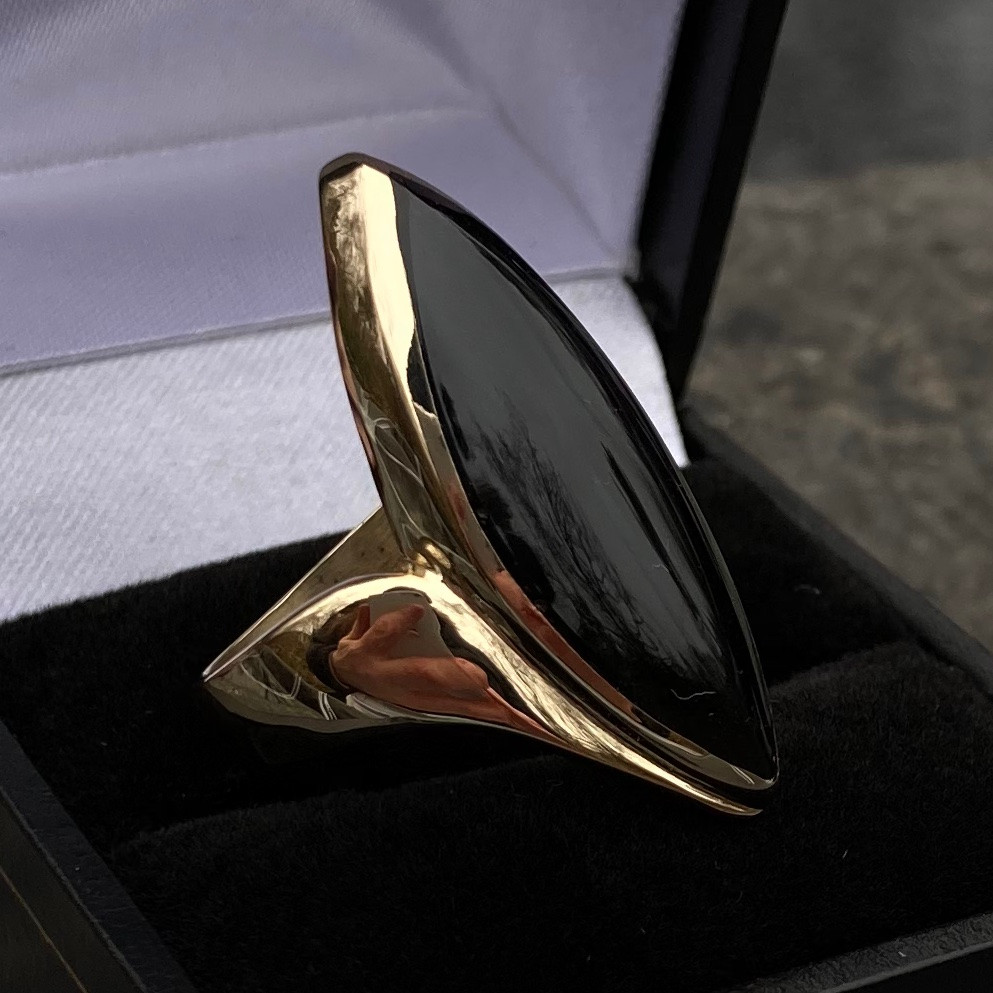 Extra Large Marquise 9ct Yellow Gold Whitby Jet Ring 606GR - Aurora Jet