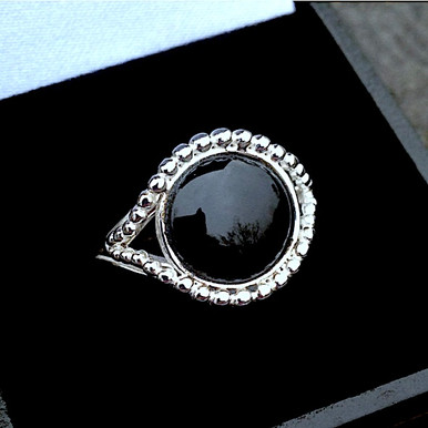 Round Beaded Sterling Silver Whitby Jet Ring 045JR - Aurora Jet