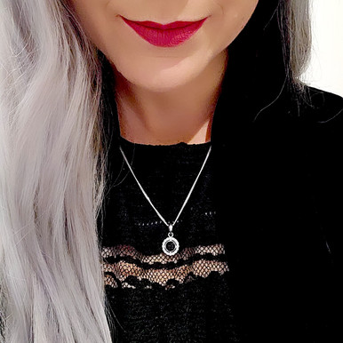 Sterling Silver Whitby Jet Sparkly Round Pendant Necklace 596P - Aurora Jet