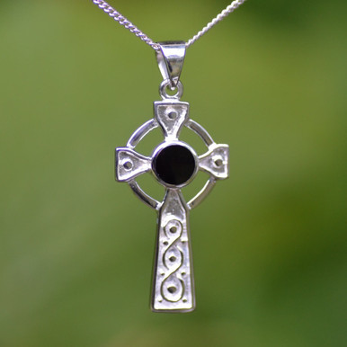 Slim Celtic Sterling Silver Whitby Jet Cross Pendant Necklace 450P ...