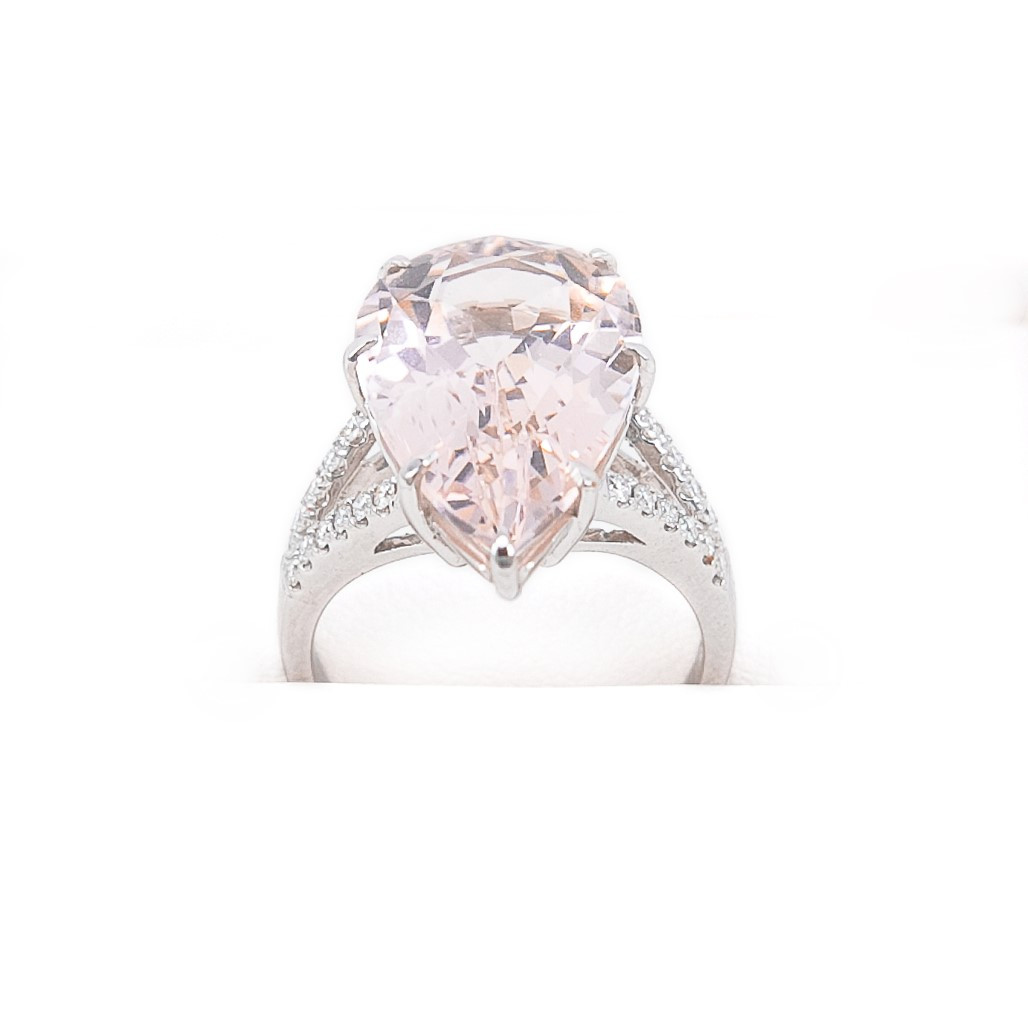 18ct White Gold Diamond and Morganite Pear Ring - House Of McKinley