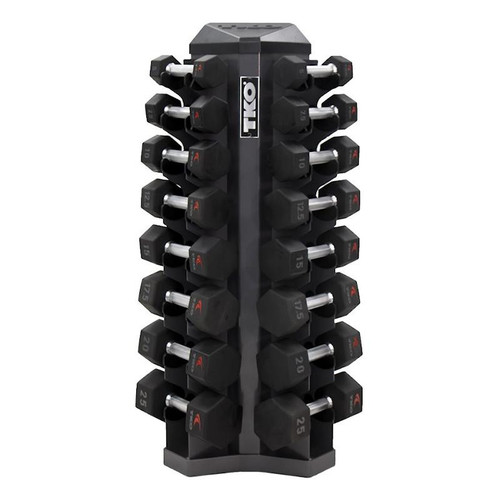 TKO 5-25 lb Hex Urethane Dumbbells & Rack | Free Weights