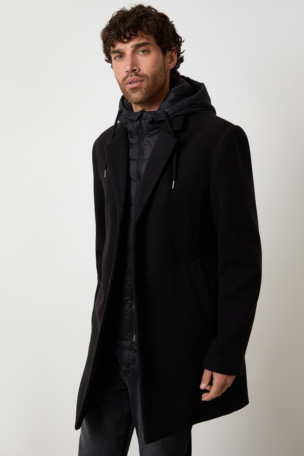 Faux Wool Mock Inner Hooded Mens Longline Coat | Mountain Warehouse