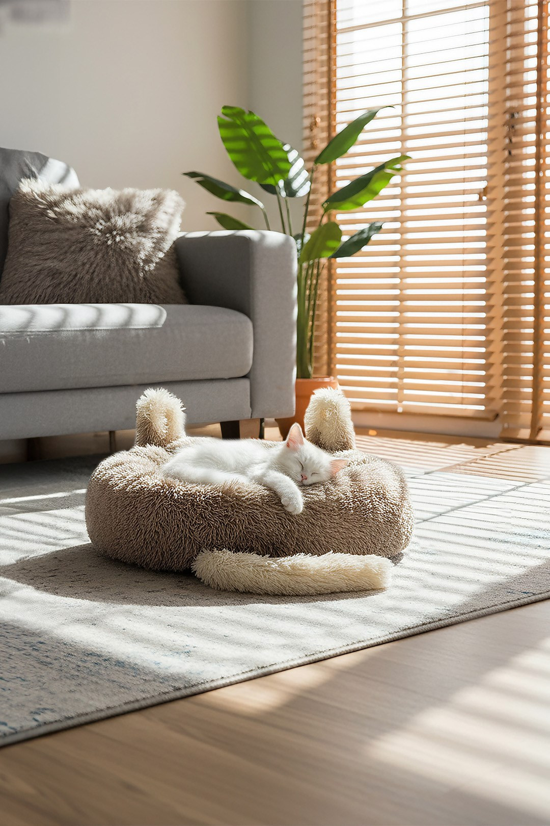 Round Plush Pet Dog Cat Calming Bed with Cute Ears | Mountain Warehouse