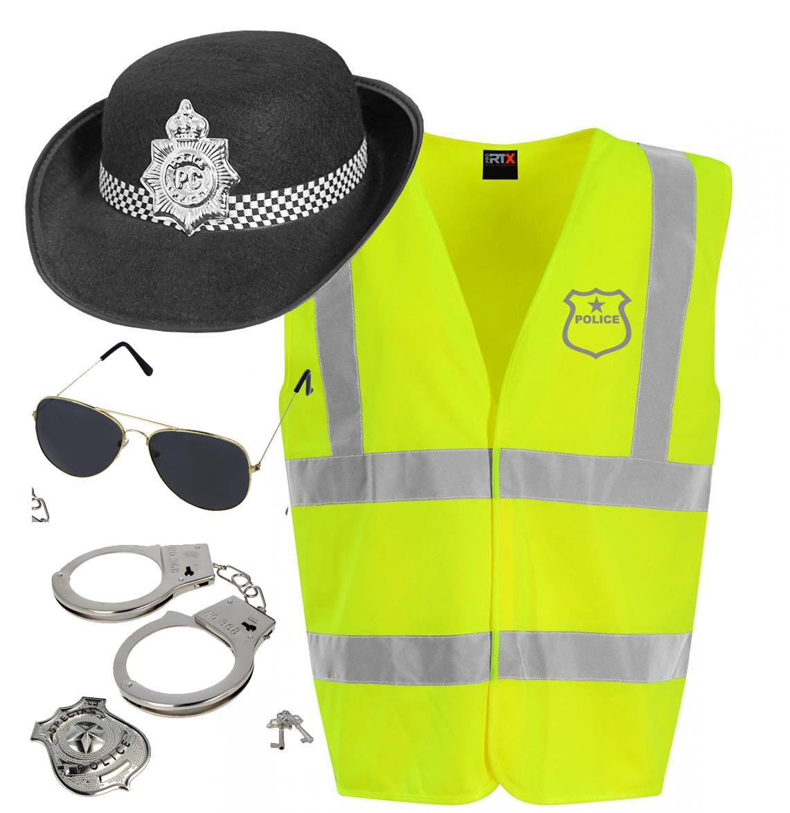 Womens WPC Police Woman Hi Viz Vest Hat & Handcuffs Hen Party Fancy ...