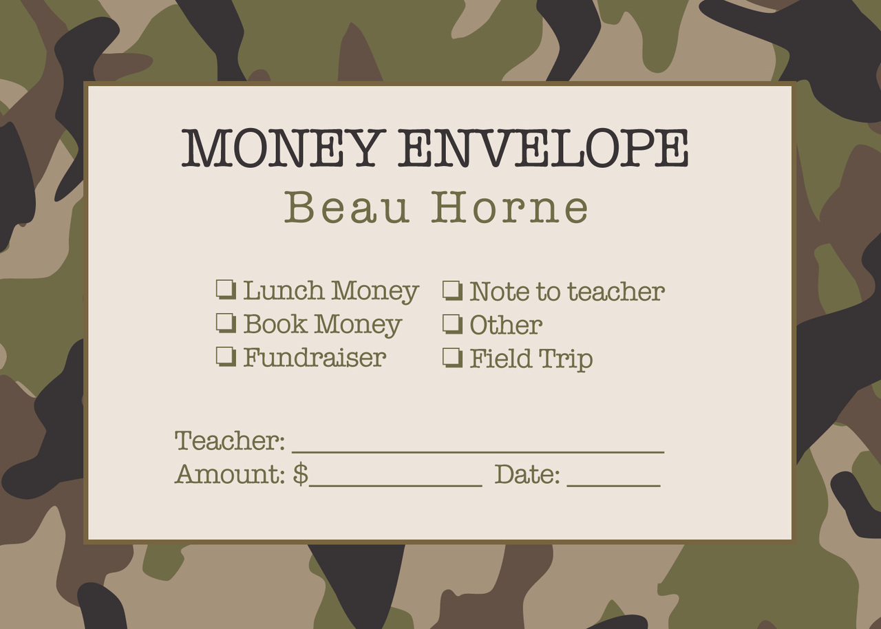 Money Envelopes - Camo Fishing - Lavender Belle Design
