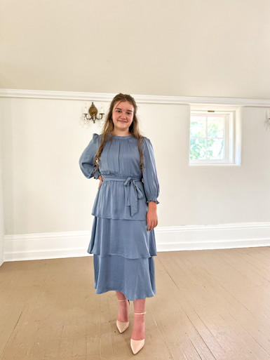 Misty Satin Tiered Dress *Slate Blue* - The Klassy Girl Boutique