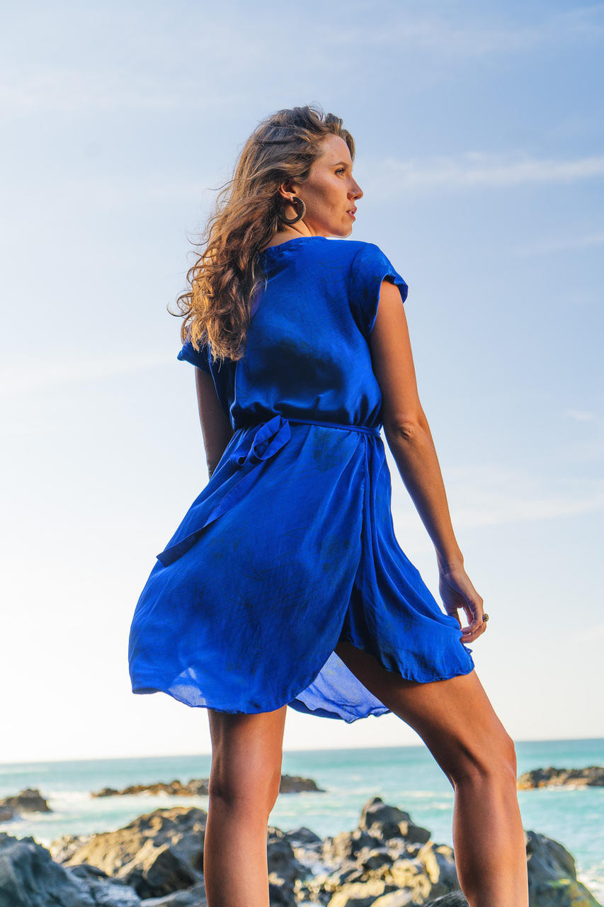 KAYLA Casual V-Neck Bohemian Printed Silk Dress in Cobalt (Medium ...