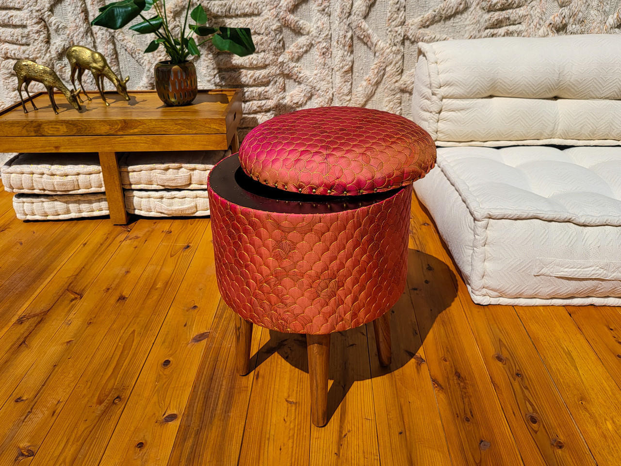 ADA One of a Kind Quilted Upcycled Silk Bohemian Wood Box Stool in ...