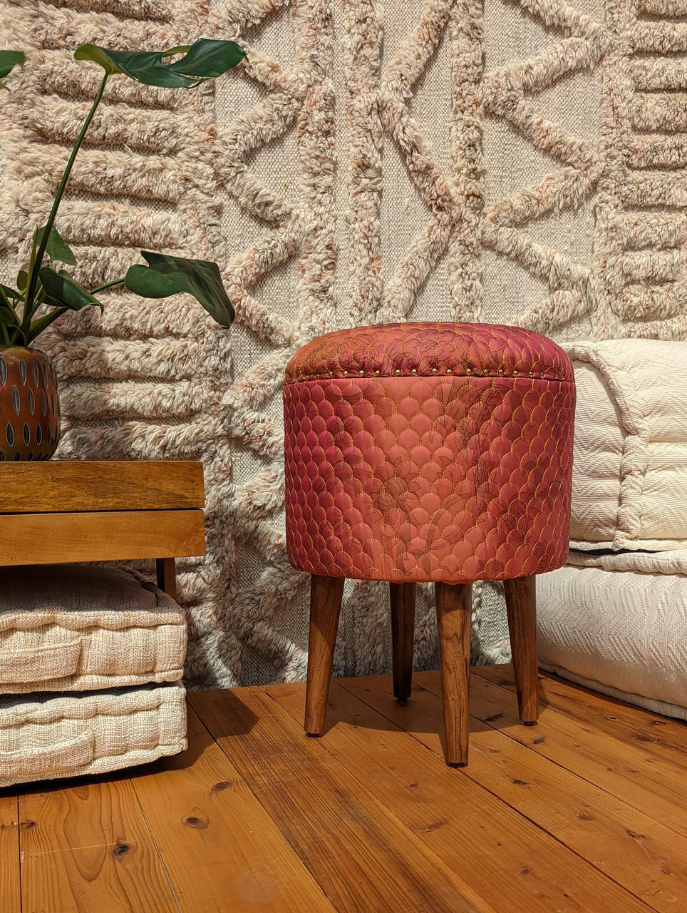 ADA One of a Kind Quilted Upcycled Silk Bohemian Wood Box Stool in ...