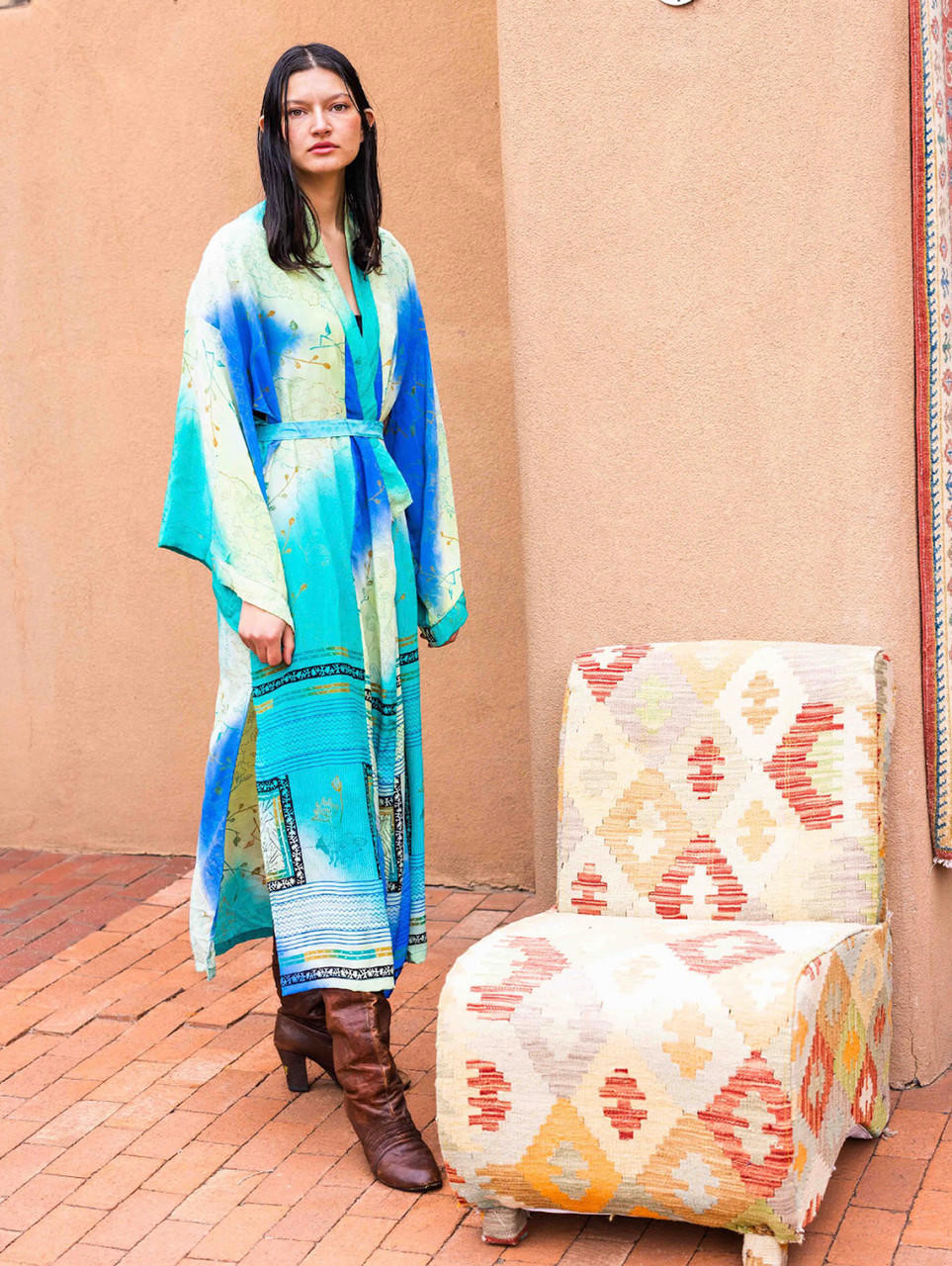 YOKO Japanese Style Boho Kimono Duster Silk Robe in Akiu Waterfall ...