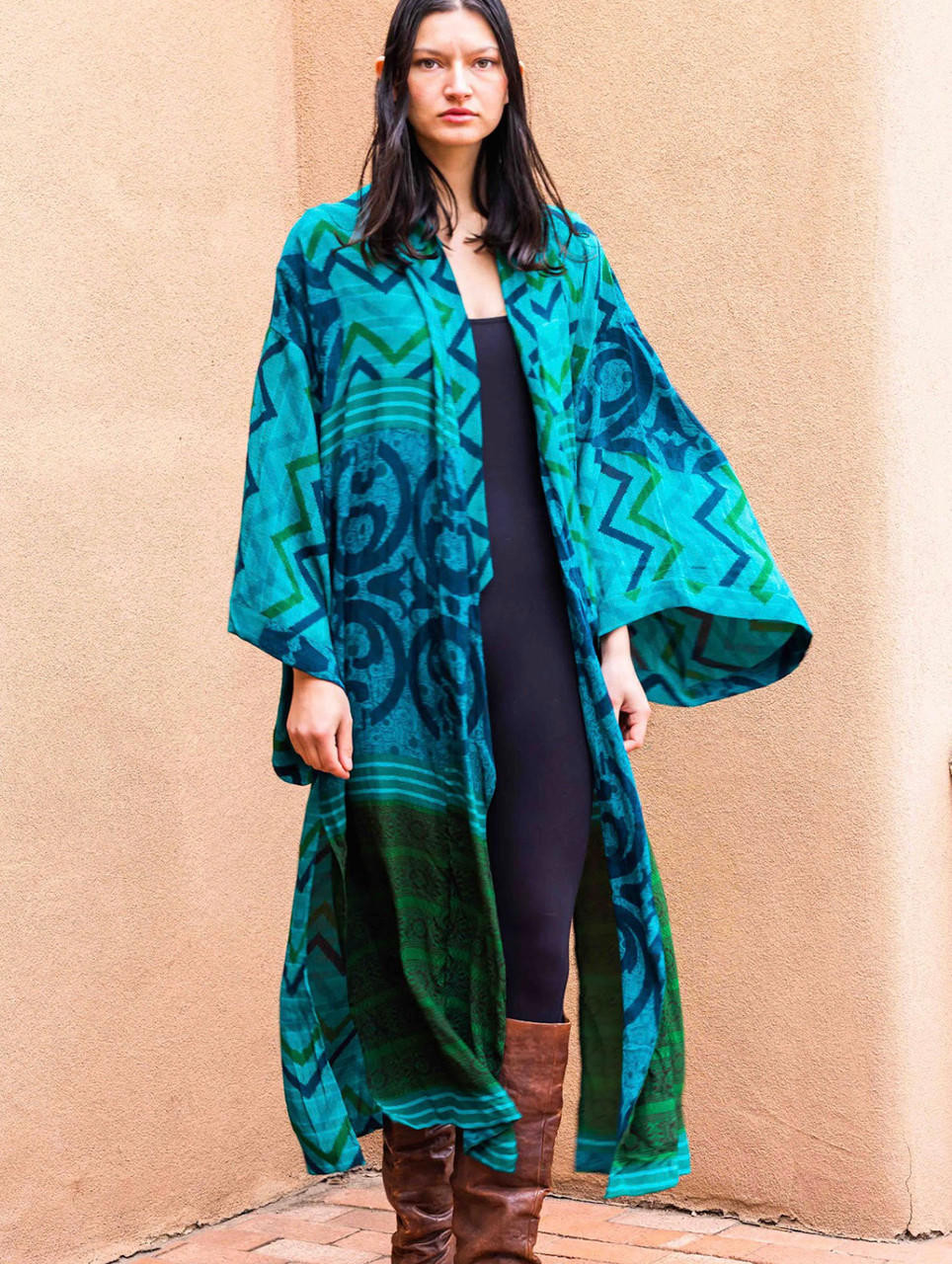 YOKO Boho Kimono Japanese Duster Silk Robe in Temple Pooll (ONE SIZE ...