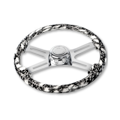 18'' SKULL DESIGN WHITE WOOD STEERING WHEEL WITH 4 CHROME SPOKES