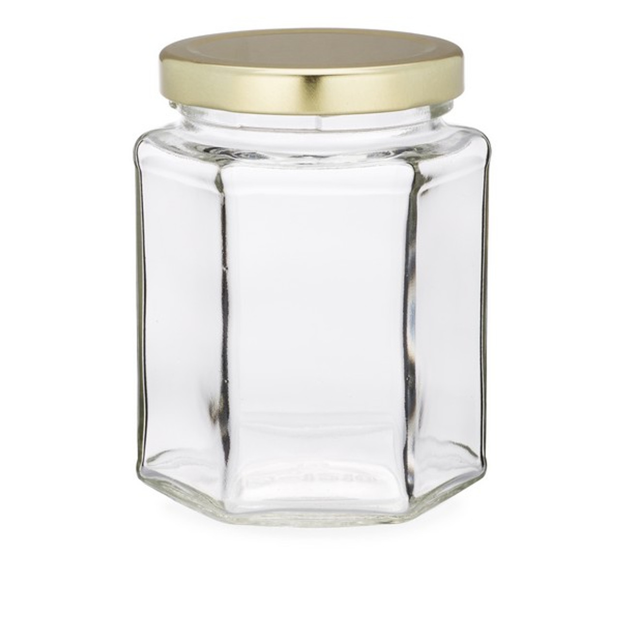 9 Oz Clear Glass Hexagon Jars Gold Metal Lug Cap Berlin