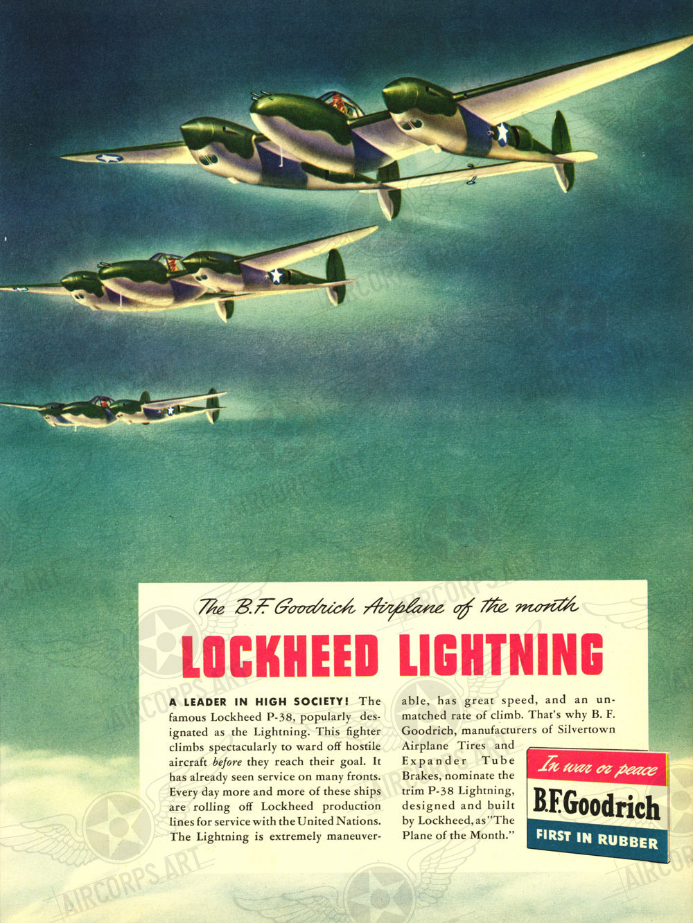 P-38 Lockheed Lightning B.F. Goodrich Vintage Poster