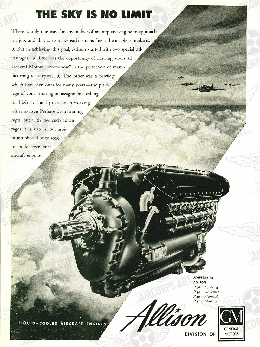 Allison Engines "The Sky is No Limit" Military Aircraft Engine Poster