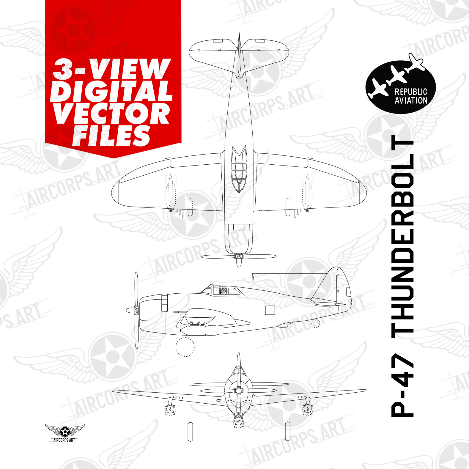 P-51D Mustang Vector Three-View Aircraft Artwork Download