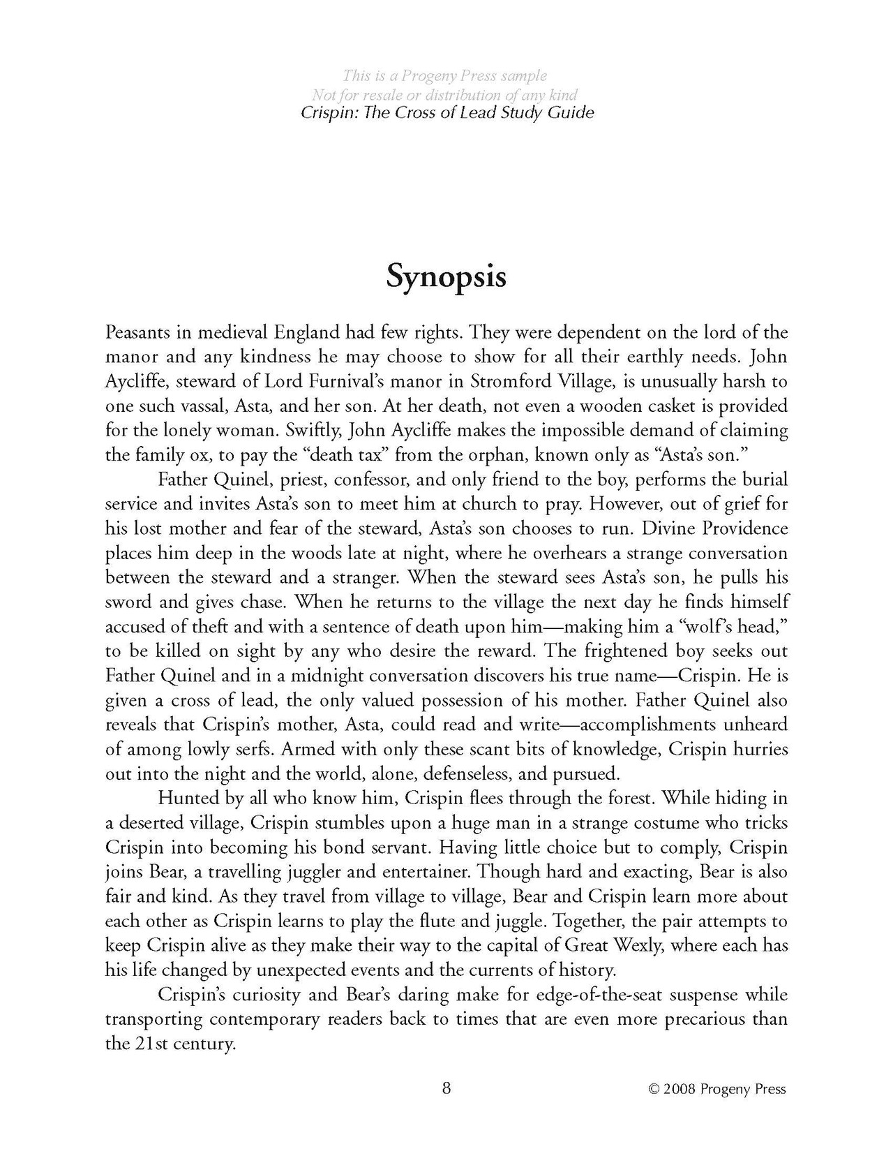 Crispin: Cross of Lead Study Guide | Progeny Press Literature Curriculum