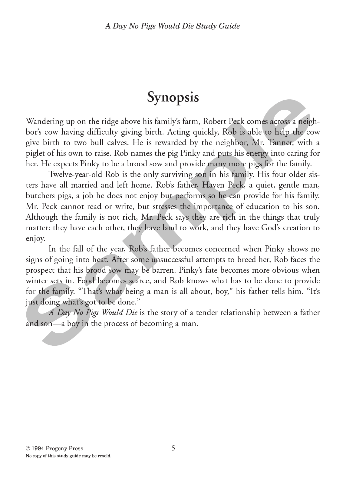 A Day No Pigs Would Die Study Guide | Progeny Press Literature Curriculum