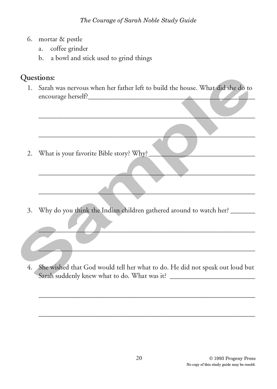 Courage of Sarah Noble Study Guide | Progeny Press Literature Curriculum