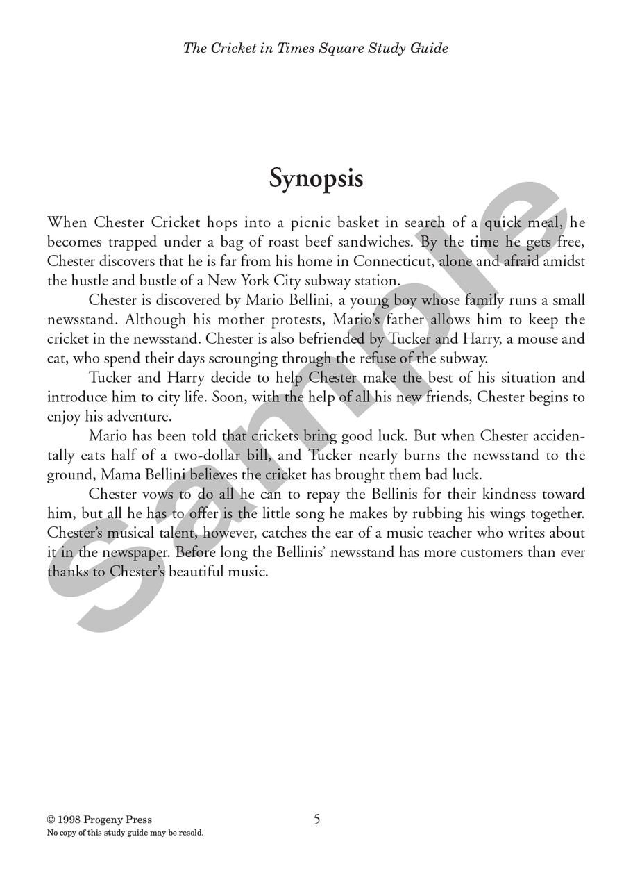 Cricket in Times Square PDF Download Study Guide | Progeny Press ...