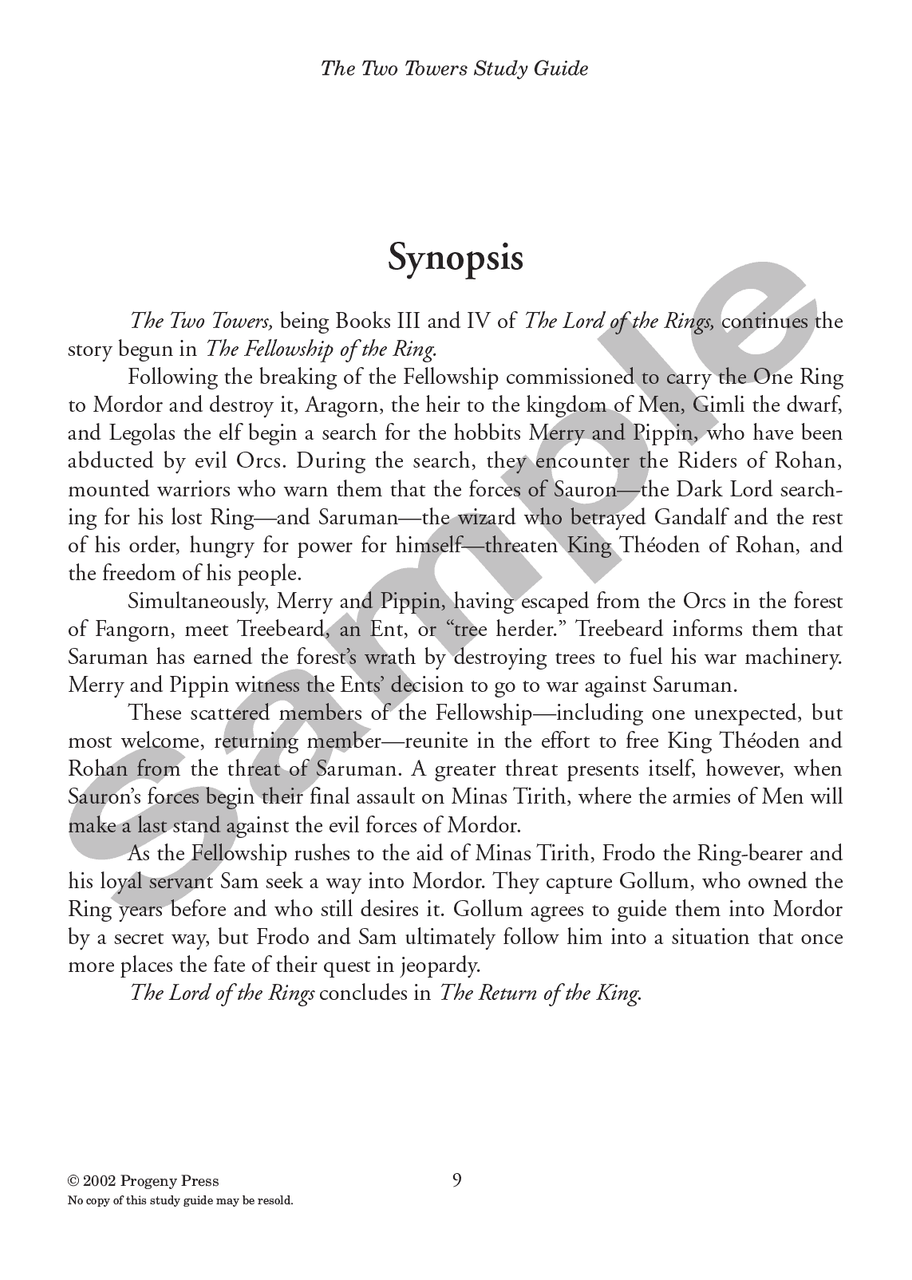 The Two Towers PDF Download Study Guide | Progeny Press ELA Curriculum