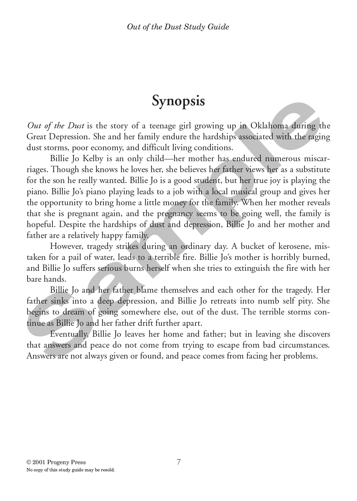 Out of the Dust PDF Download Study Guide | Progeny Press Literature ...