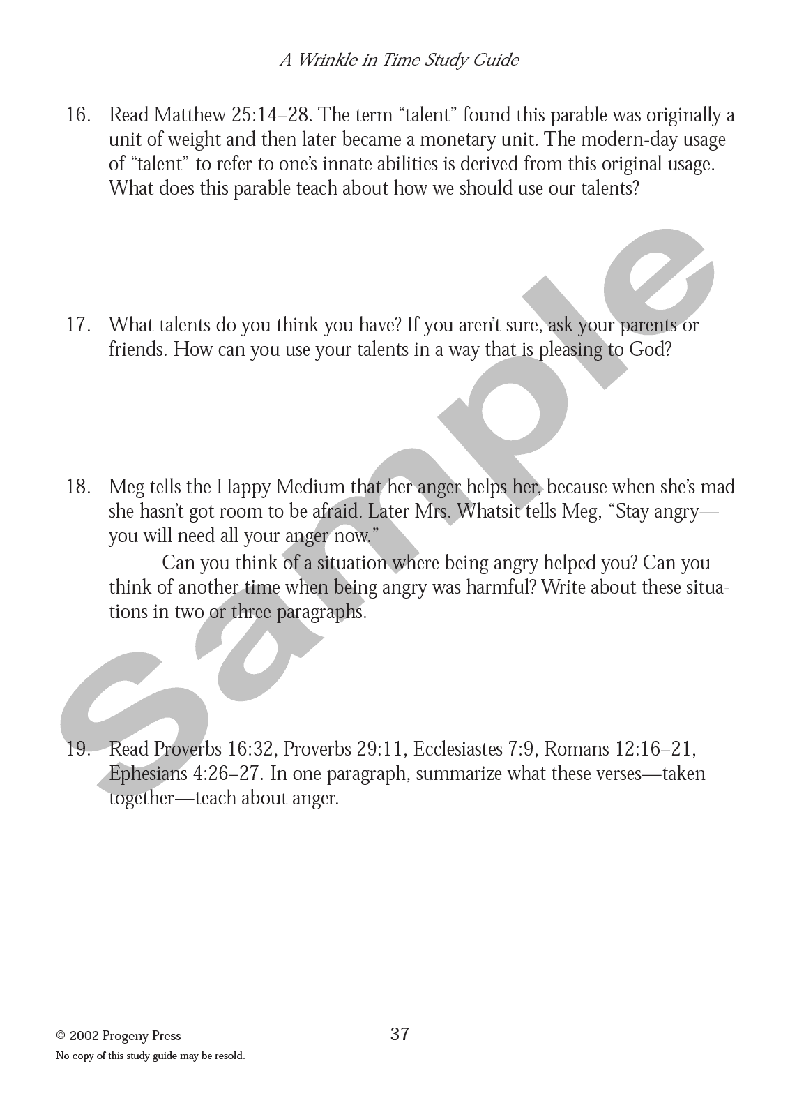 A Wrinkle in Time PDF Download Study Guide | Progeny Press Literature ...