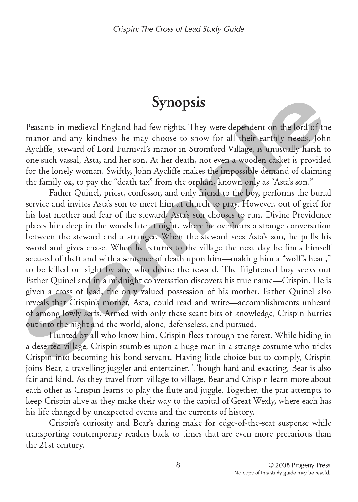 Crispin: Cross of Lead PDF Download Study Guide | Progeny Press ...
