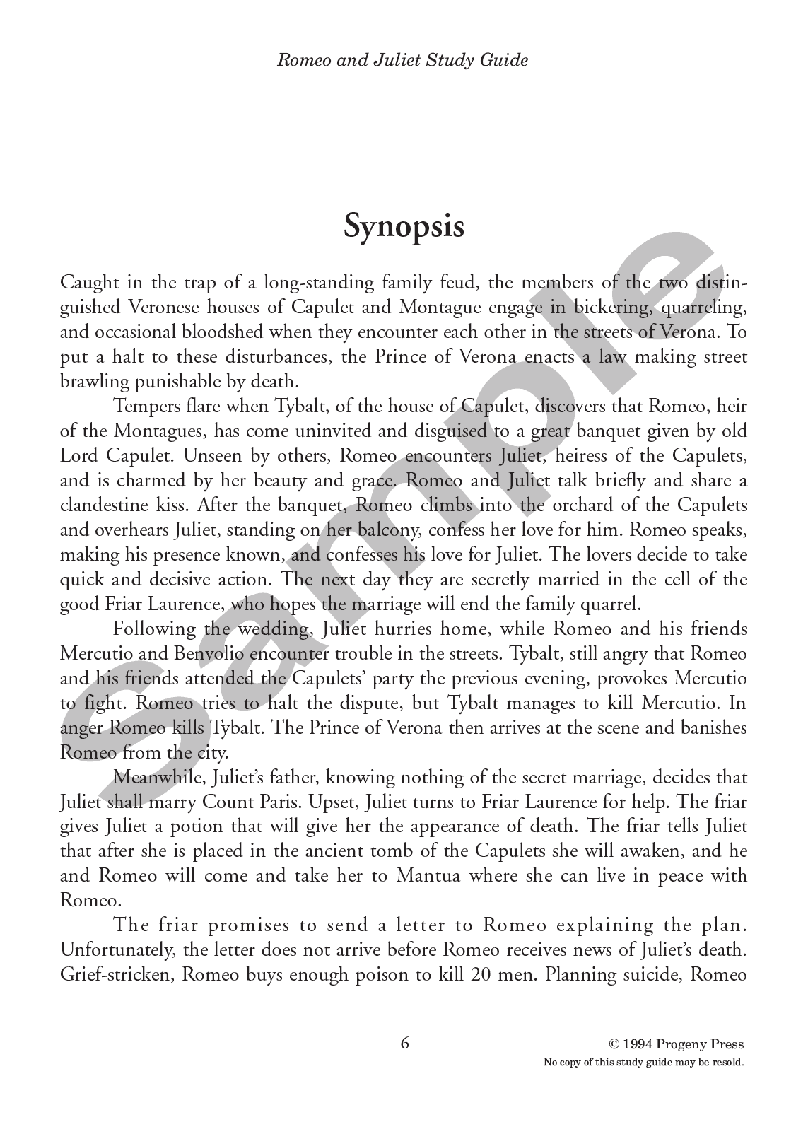 Romeo and Juliet PDF Download Study Guide | Progeny Press Literature ...