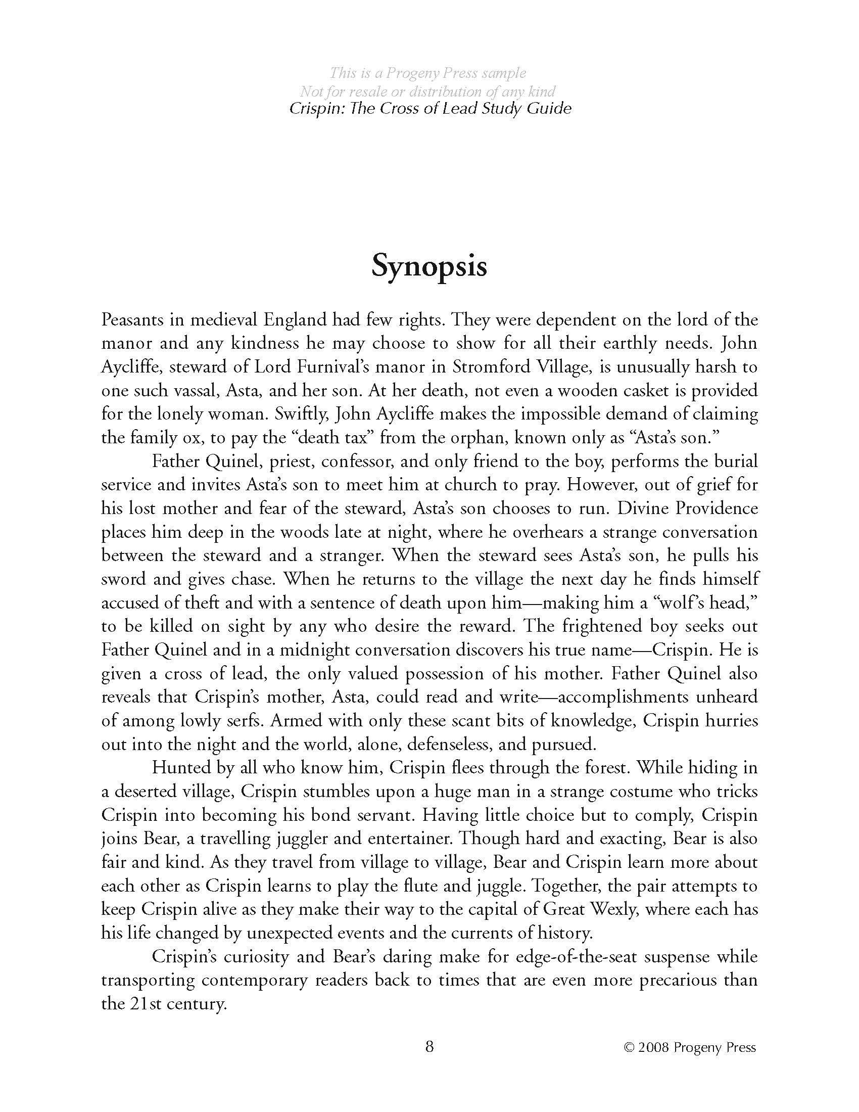 Crispin: Cross of Lead Study Guide | Progeny Press Literature Curriculum